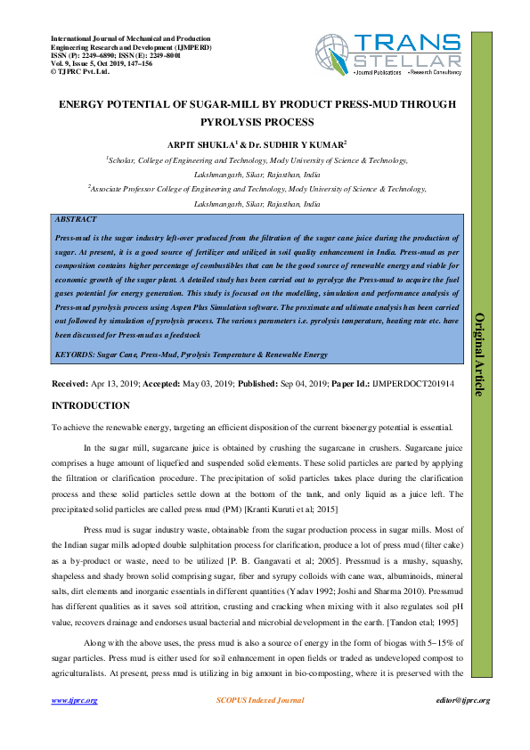 (PDF) ENERGY POTENTIAL OF SUGAR-MILL BY PRODUCT PRESS-MUD THROUGH ...
