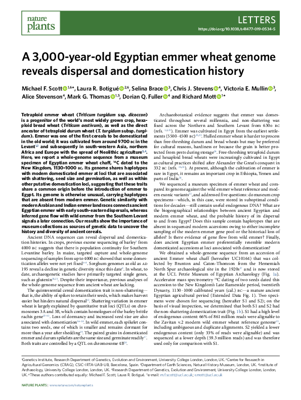 (PDF) A 3,000-year-old Egyptian emmer wheat genome reveals dispersal ...