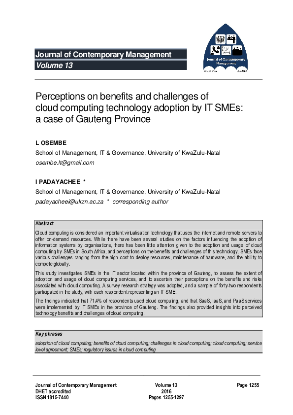 (PDF) Perceptions on benefits and challenges of cloud computing technology adoption by IT SMEs ...