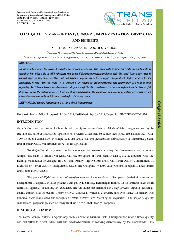 (PDF) TOTAL QUALITY MANAGEMENT; CONCEPT, IMPLEMENTATION, OBSTACLES AND ...
