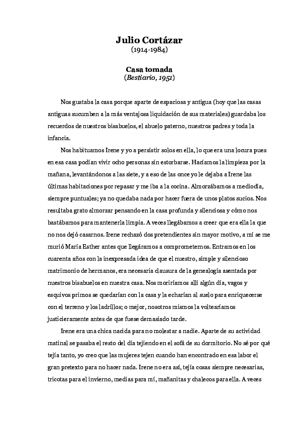 (PDF) Casa Tomada, Julio Cortázar