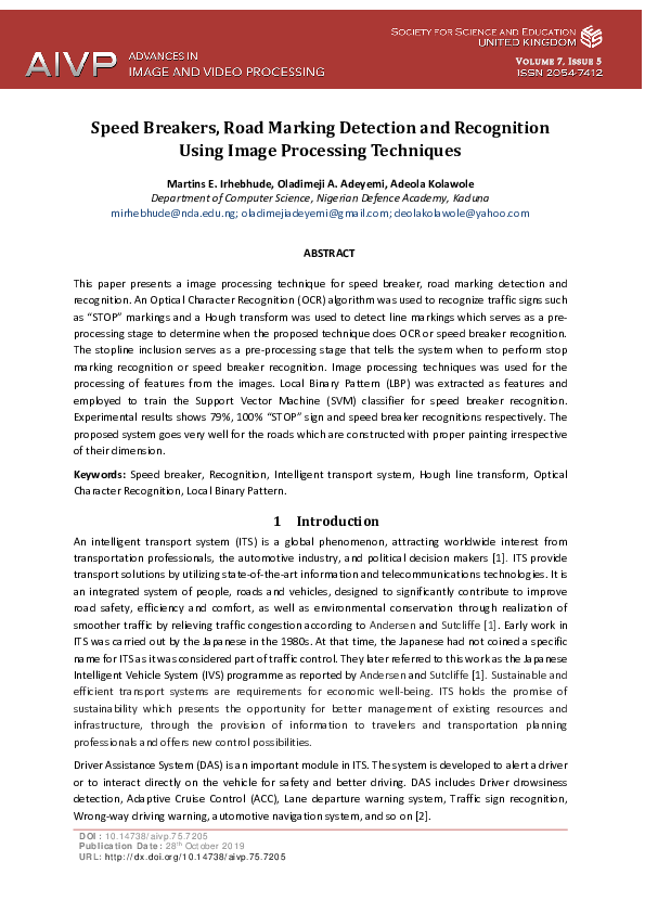 (PDF) Speed Breakers, Road Marking Detection and Recognition Using Image Processing Techniques