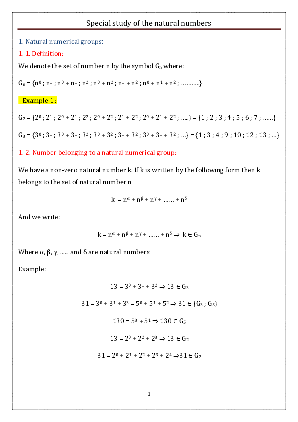 Special study of the natural numbers