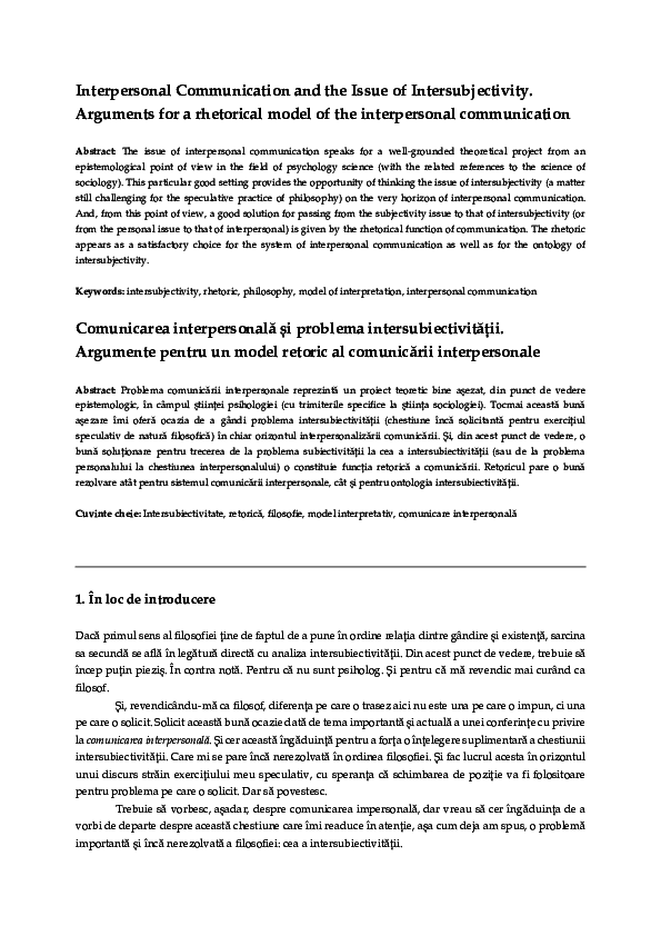 (PDF) Interpersonal Communication and the Issue of Intersubjectivity ...
