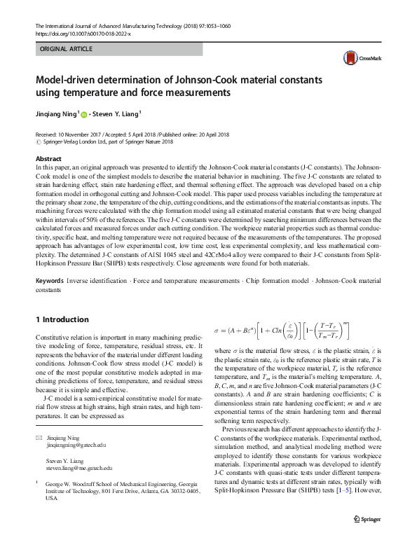 (PDF) Model-driven determination of Johnson-Cook material constants ...