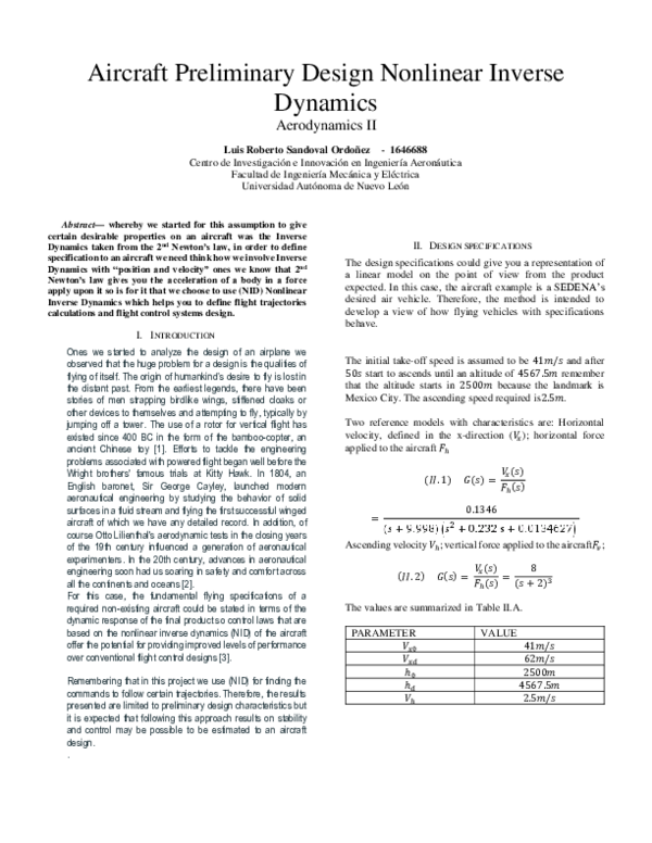 (PDF) Aircraft Preliminary Design Nonlinear Inverse Dynamics Aerodynamics II