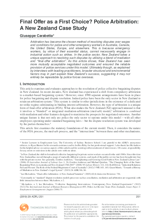 (PDF) Final Offer as a First Choice? Police Arbitration: A New Zealand ...