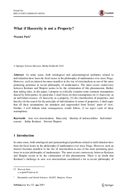 (PDF) What if Haecceity is not a Property?