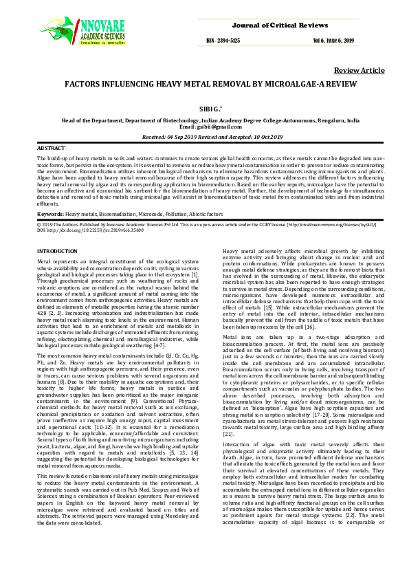 (PDF) FACTORS INFLUENCING HEAVY METAL REMOVAL BY MICROALGAE-A REVIEW