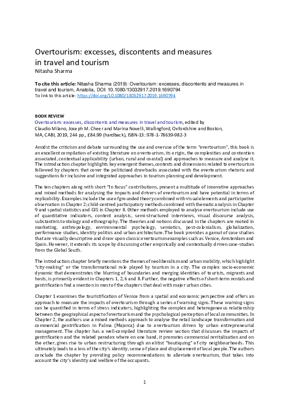 (PDF) BOOK REVIEW: Overtourism: excesses, discontents and measures in ...