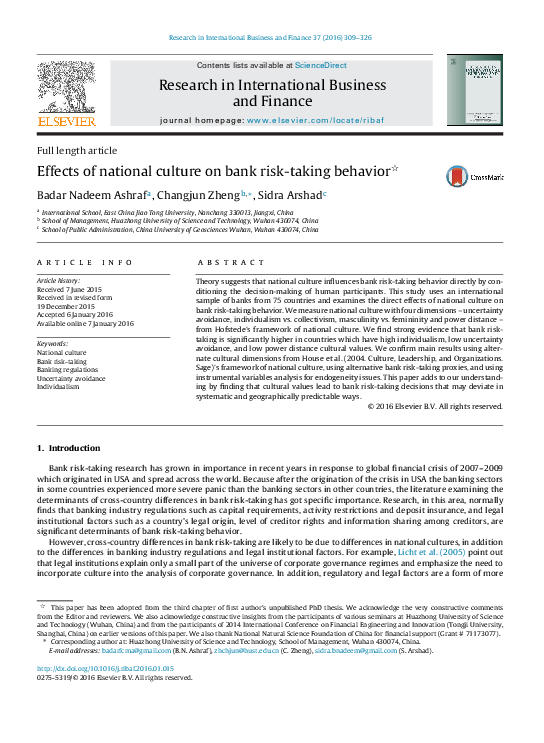 (PDF) Effects of national culture on bank risk-taking behavior