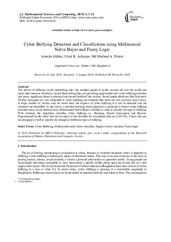 (PDF) Cyber Bullying Detection and Classification using Multinomial Naïve Bayes and Fuzzy Logic
