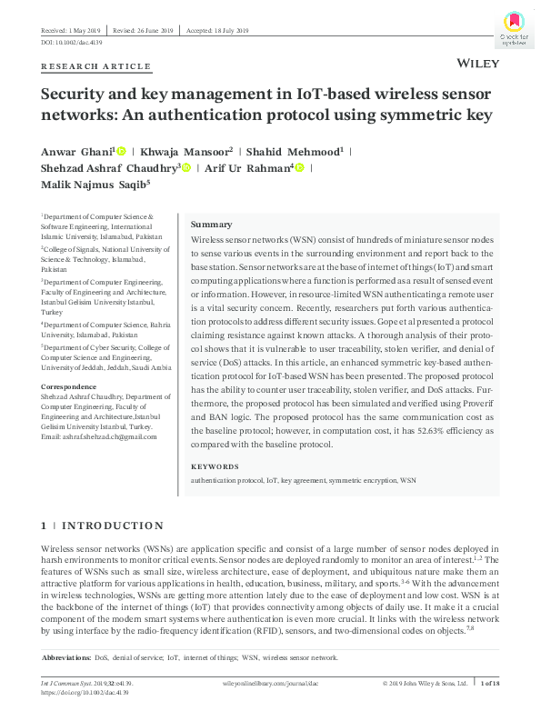 Pdf Security And Key Management In Iot Based Wireless Sensor Networks An Authentication