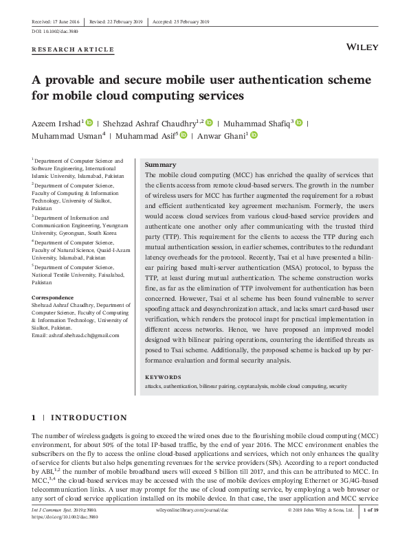 Pdf A Provable And Secure Mobile User Authentication Scheme For Mobile Cloud Computing Services