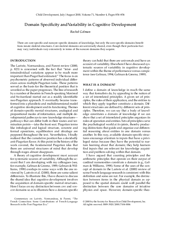 (PDF) Domain Specificity and Variability in Cognitive Development