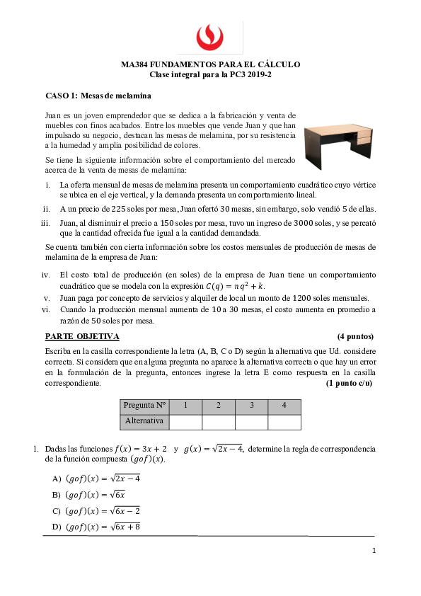 (PDF) MA384 FUNDAMENTOS PARA EL CÁLCULO Clase integral para la PC3 2019-2 CASO 1: Mesas de melamina
