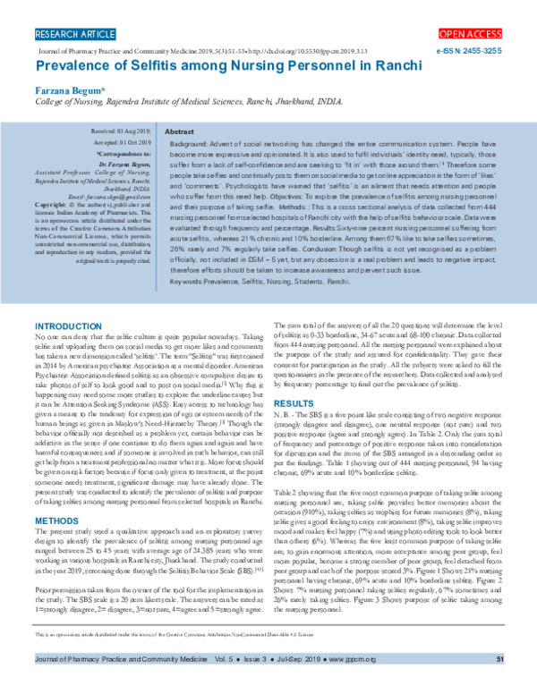 (PDF) Prevalence of Selfitis among Nursing Personnel in Ranchi