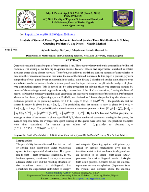 (PDF) Analysis of General Phase Type Inter-Arrival and Service Time Distributions in Solving ...
