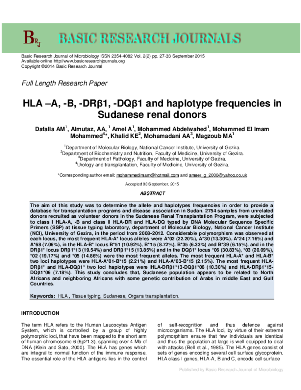 (PDF) HLA A B DRB1 and DQB1 polymorphism in Sudanese Donors