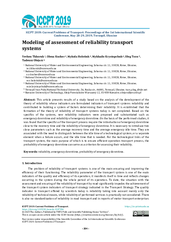 (PDF) Modeling of assessment of reliability transport systems