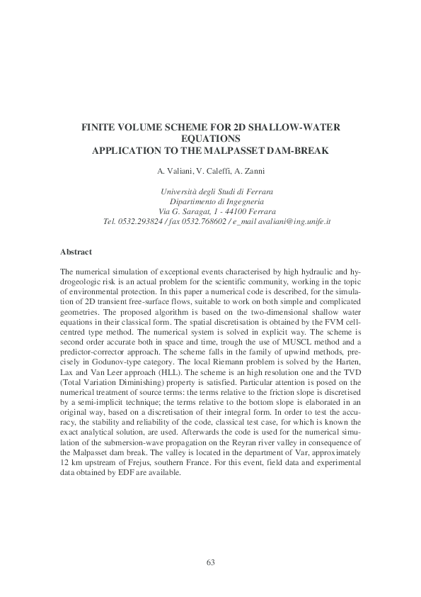 Pdf Finite Volume Scheme For 2d Shallow Water Equations Application To The Malpasset Dam Break