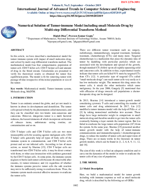 (PDF) Numerical Solution of Tumor-immune Model including small Molecule Drug by Multi-step ...