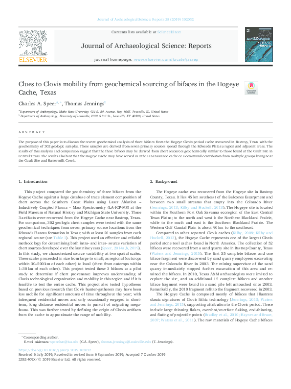 (PDF) Clues to Clovis mobility from geochemical sourcing of bifaces in the Hogeye Cache, Texas