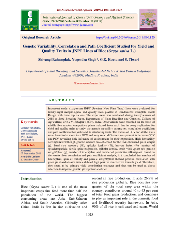 (PDF) Genetic Variability, Correlation and Path Coefficient Studied for Yield and Quality Traits ...