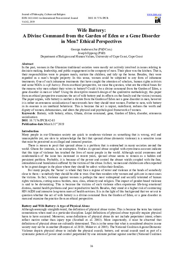 (PDF) Wife Battery: A Divine Command from the Garden of Eden or a Gene ...