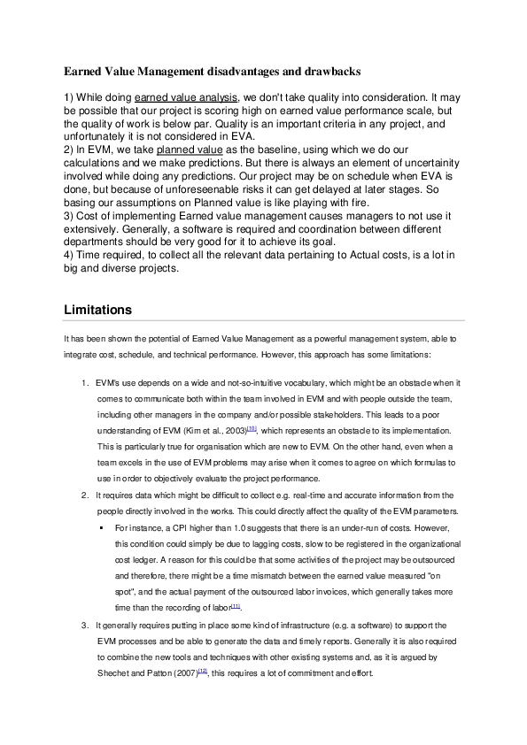 (PDF) Earned Value Management disadvantages and drawbacks