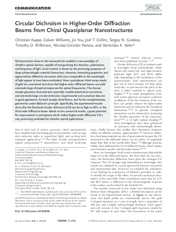 (PDF) Circular Dichroism in Higher-Order Diffraction Beams from Chiral ...