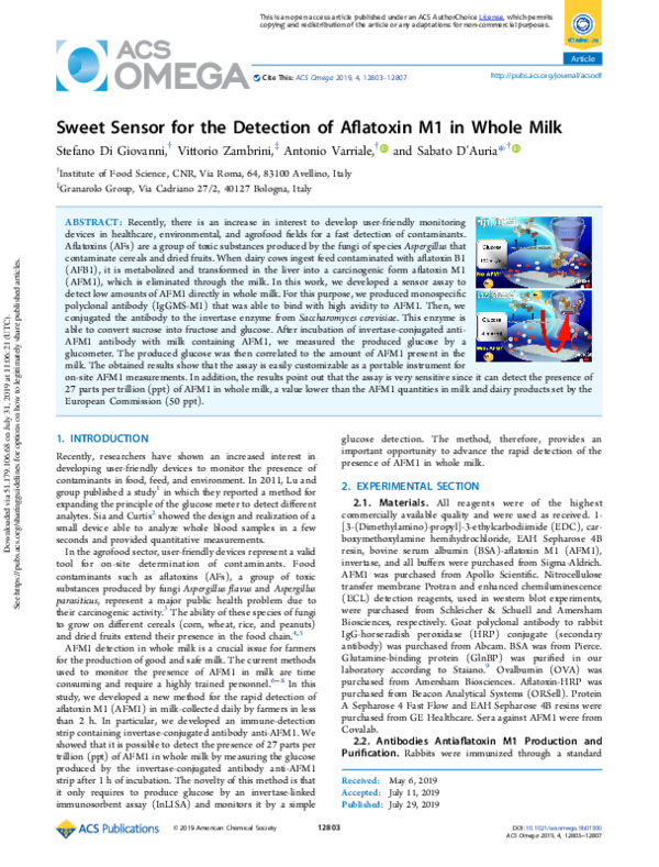 (PDF) Sweet Sensor for the Detection of Aflatoxin M1 in Whole Milk Di ...