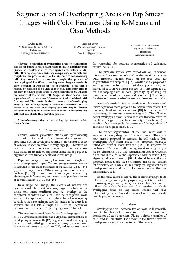 (PDF) Segmentation of Overlapping Areas on Pap Smear Images with Color Features Using K-Means ...