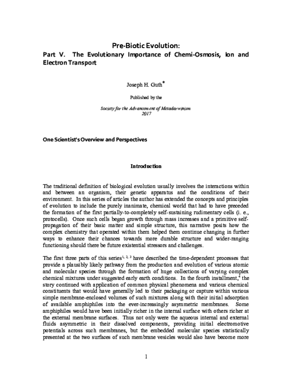 (PDF) Pre-Biotic Evolution: Part V. The Evolutionary Importance of ...