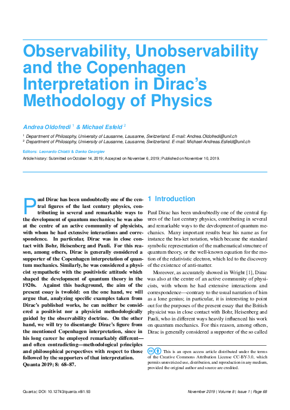 Pdf Observability Unobservability And The Copenhagen Interpretation In Diracs Methodology Of