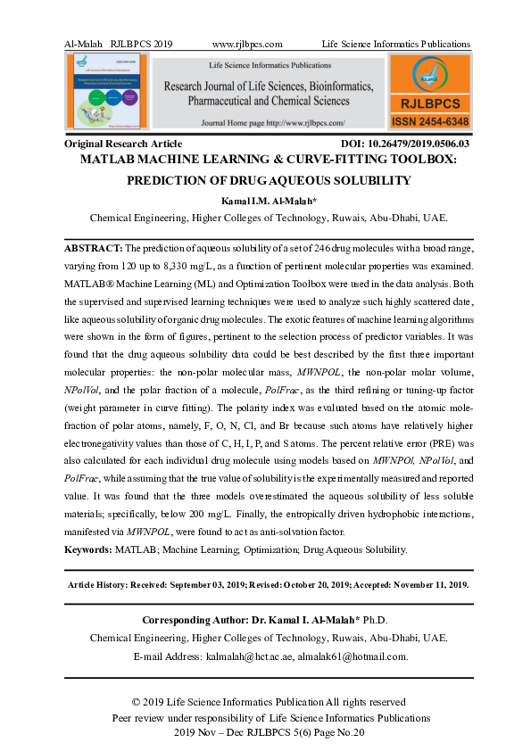 (PDF) MATLAB MACHINE LEARNING & CURVE-FITTING TOOLBOX: PREDICTION OF ...