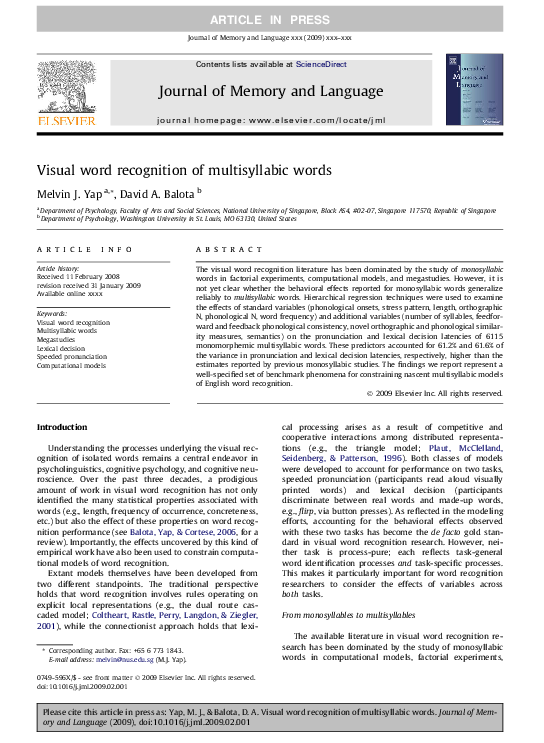 (PDF) Visual word recognition of multisyllabic words