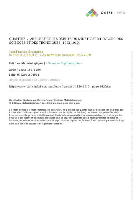 (PDF) Abel Rey et les débuts de l'Institut d'histoire des sciences et ...
