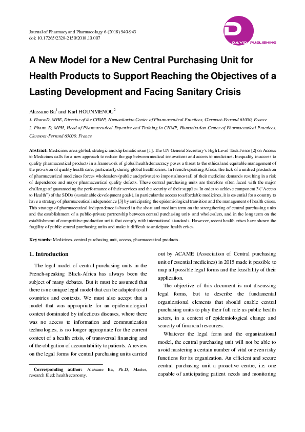 (PDF) A New Model for a New Central Purchasing Unit for Health Products ...