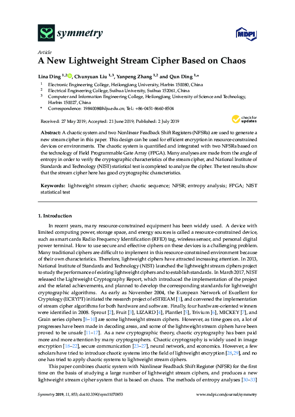(PDF) A New Lightweight Stream Cipher Based on Chaos