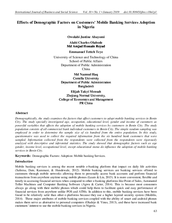 (PDF) Effects of Demographic Factors on Customers' Mobile Banking Services Adoption in Nigeria
