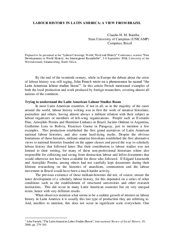 (PDF) LABOUR HISTORY IN LATIN AMERICA: A VIEW FROM BRAZIL