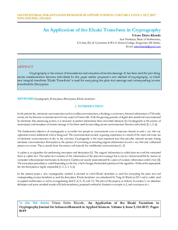 Pdf An Application Of The Elzaki Transform In Cryptography Uttam Kharde