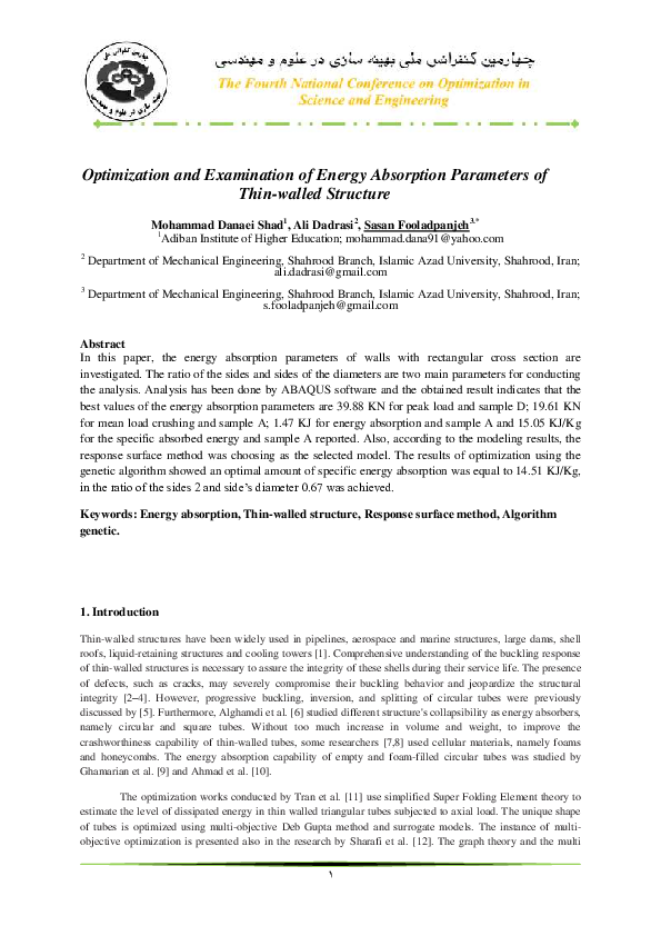 Pdf Optimization And Examination Of Energy Absorption Parameters Of Thin Walled Structure