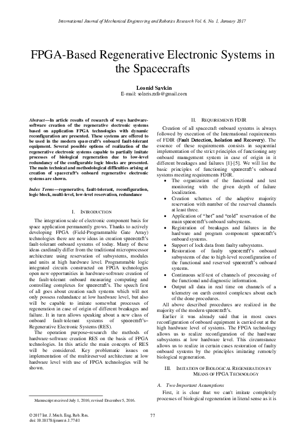 Pdf Fpga Based Regenerative Electronic Systems In The Spacecrafts