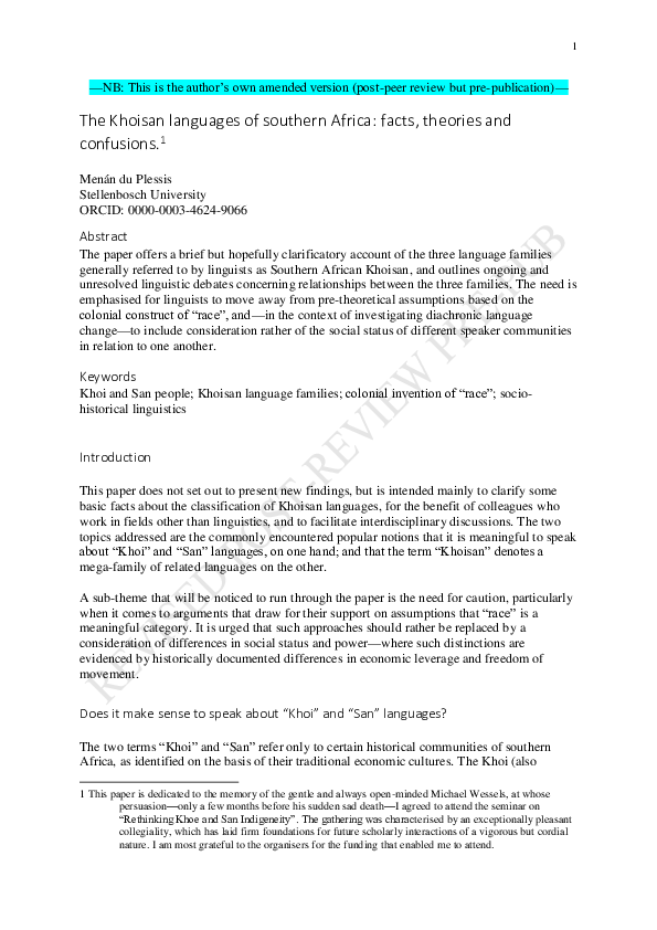 (PDF) The Khoisan Languages of Southern Africa: Facts, Theories and ...