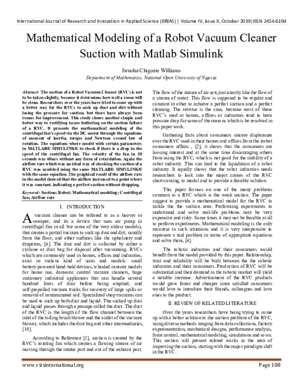 (PDF) Mathematical Modeling of a Robot Vacuum Cleaner Suction with ...