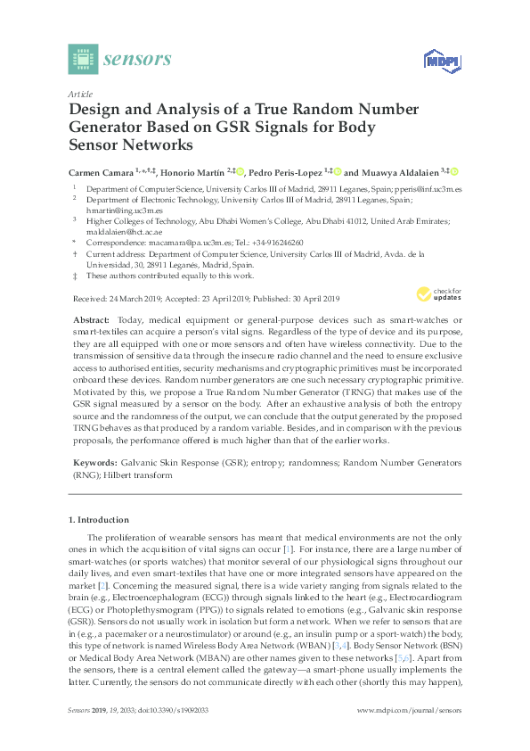 Pdf Design And Analysis Of A True Random Number Generator Based On Gsr Signals For Body Sensor