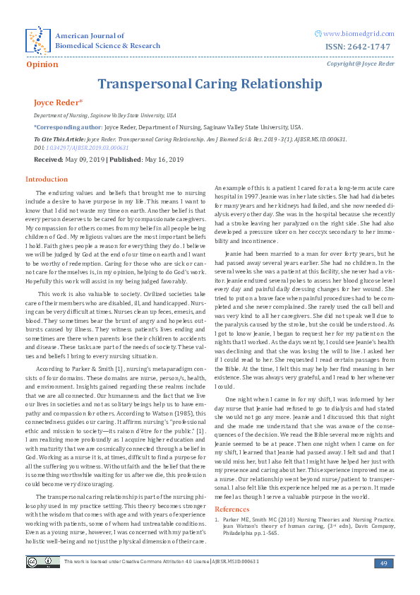 (PDF) Transpersonal Caring Relationship