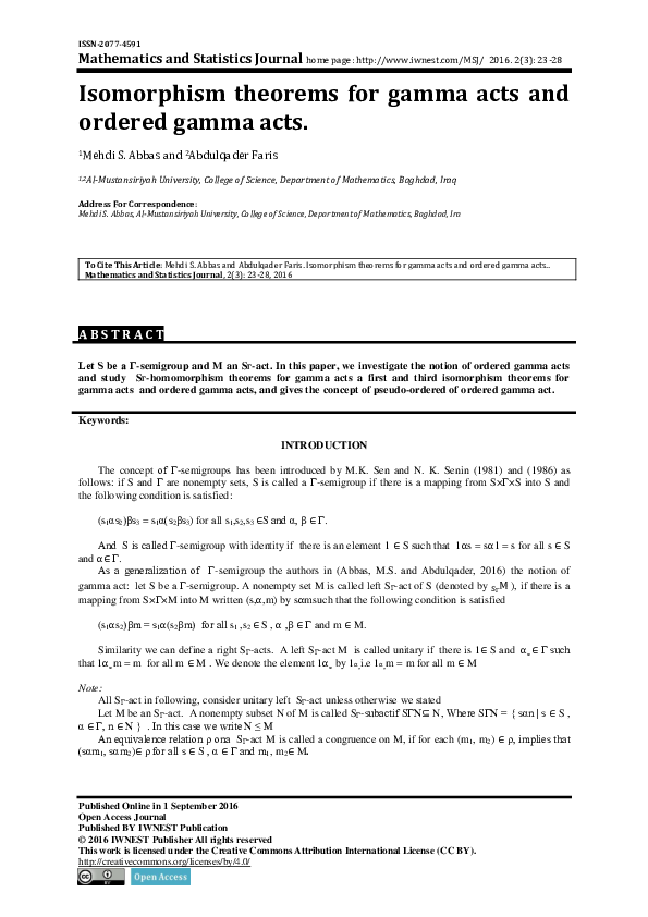 Pdf Isomorphism Theorems For Gamma Acts And Ordered Gamma Acts A B S T R A C T